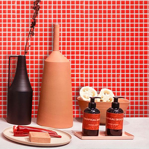 Cayenne Pepper Red Squares Glass Pool Tile | Patterned Wall and Floors