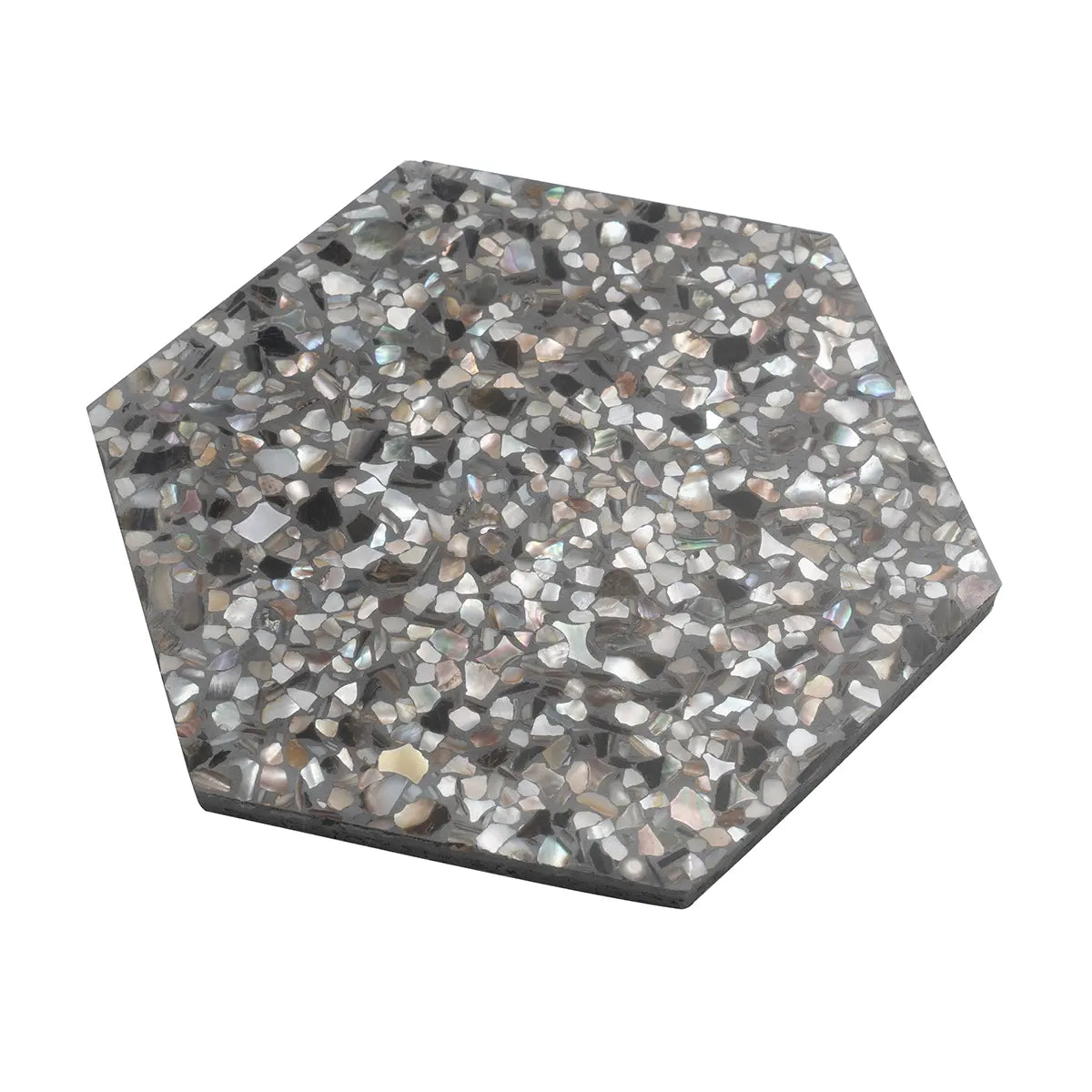 Corrazza Ocean Blue Shell and Terrazzo Hexagon Tile shine on floors & walls!