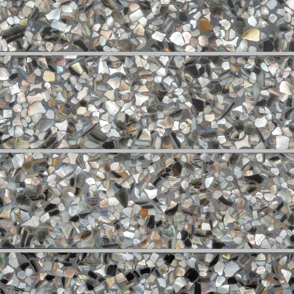 Corazza Black Sand Shell and Terrazzo Subway Tile shine on floors & walls!