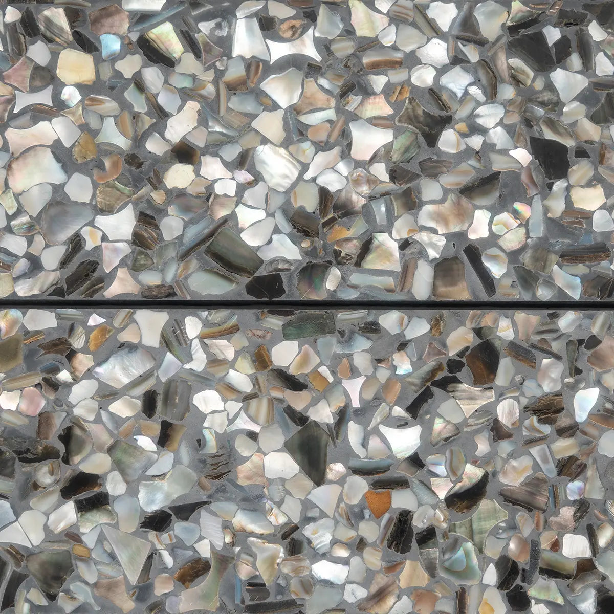 Corazza Black Sand Shell and Terrazzo Subway Tile shine on floors & walls!