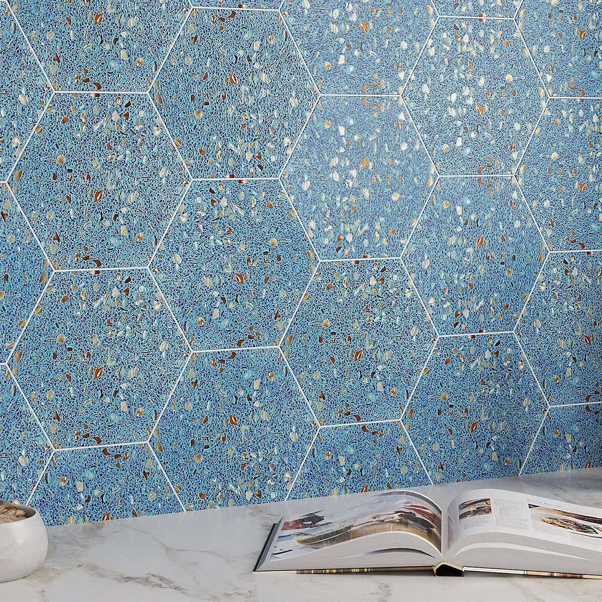 Corazza Ocean Blue Shell and Terrazzo Hexagon Tile | Seashell ...