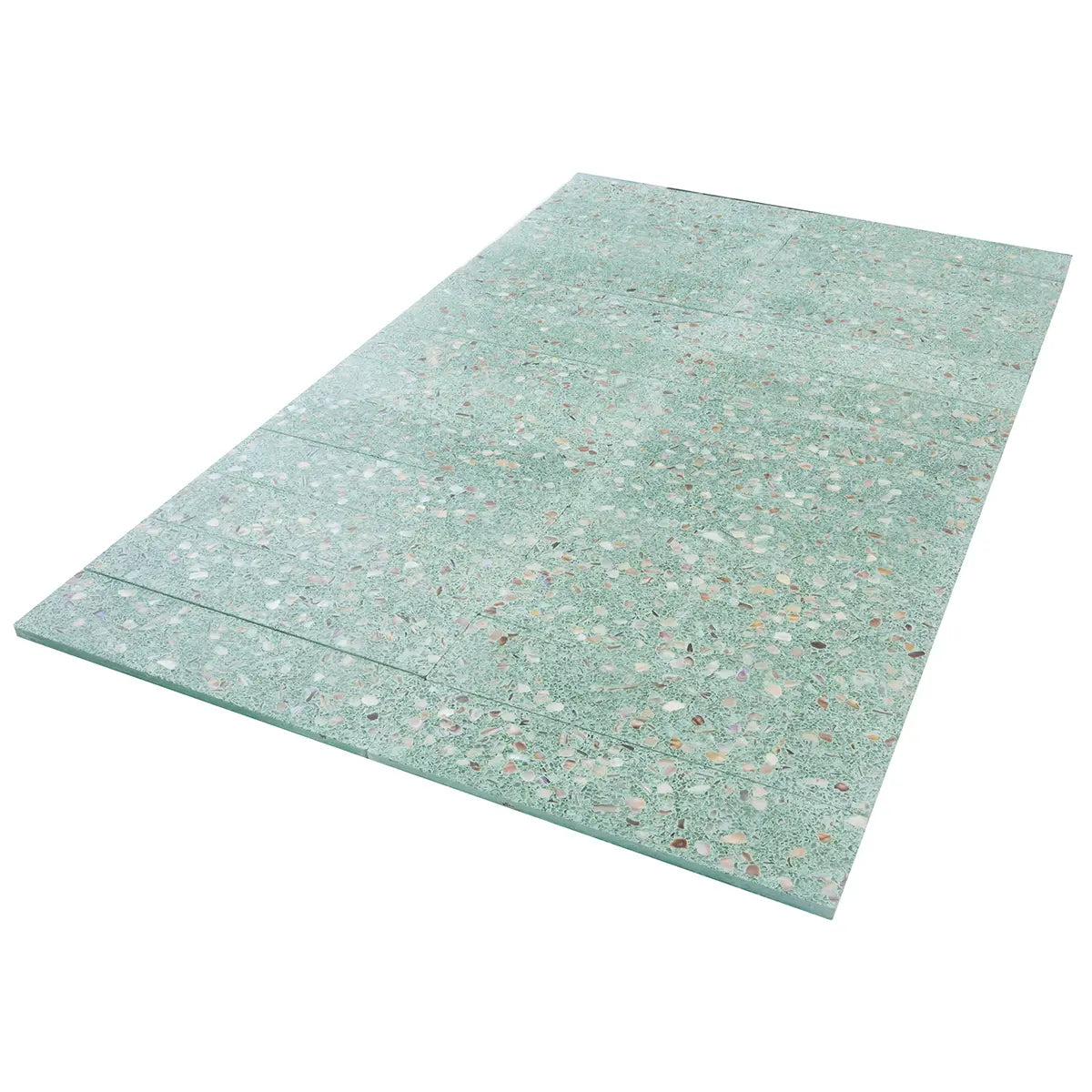 Corazza Tropical Green Shell and Terrazzo Subway Tile gleams on floors & walls!