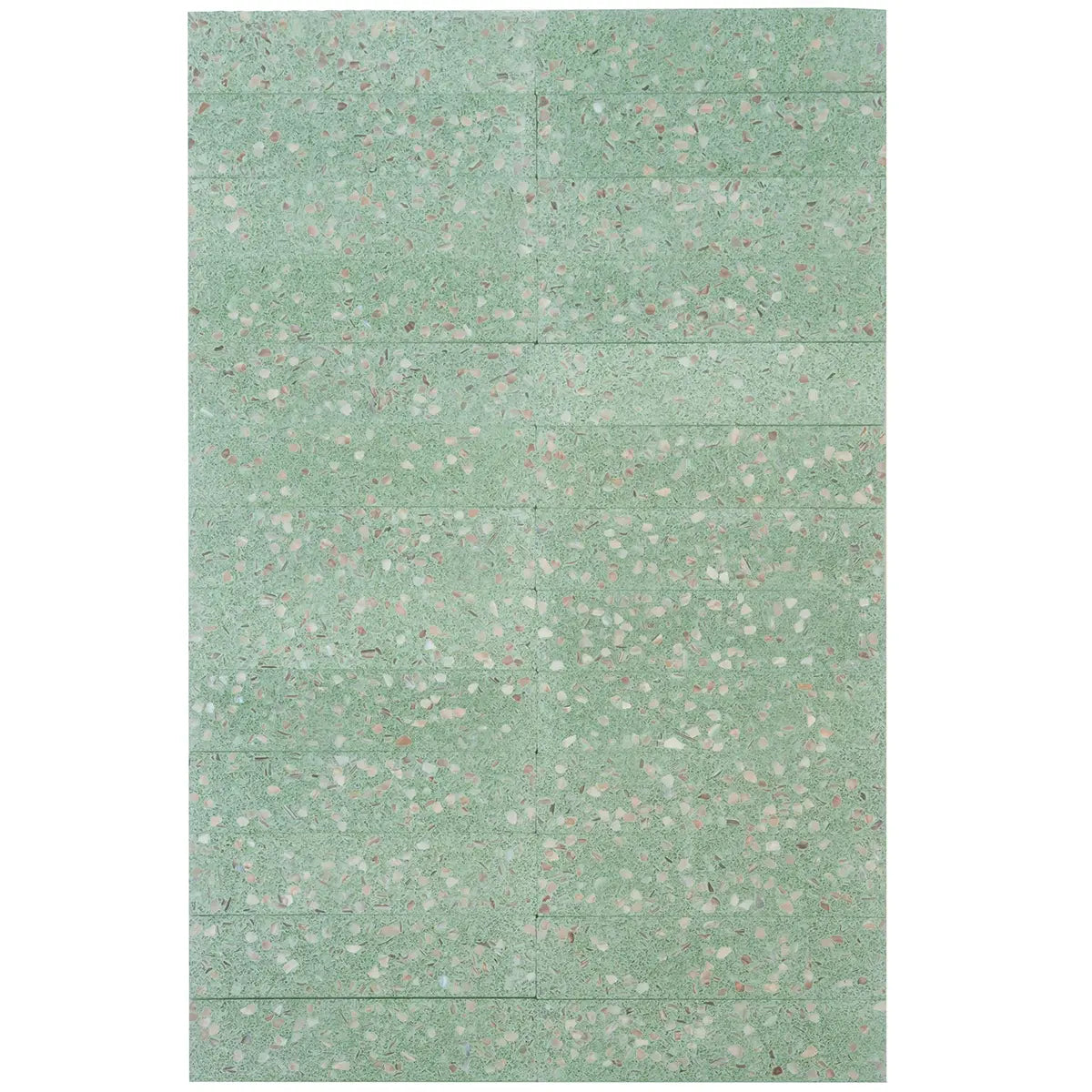 Corazza Tropical Green Shell and Terrazzo Subway Tile gleams on floors & walls!