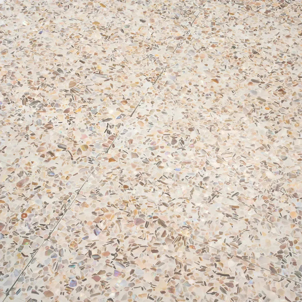 Corazza White Sand Shell and Terrazzo Subway Tile | Tile Club