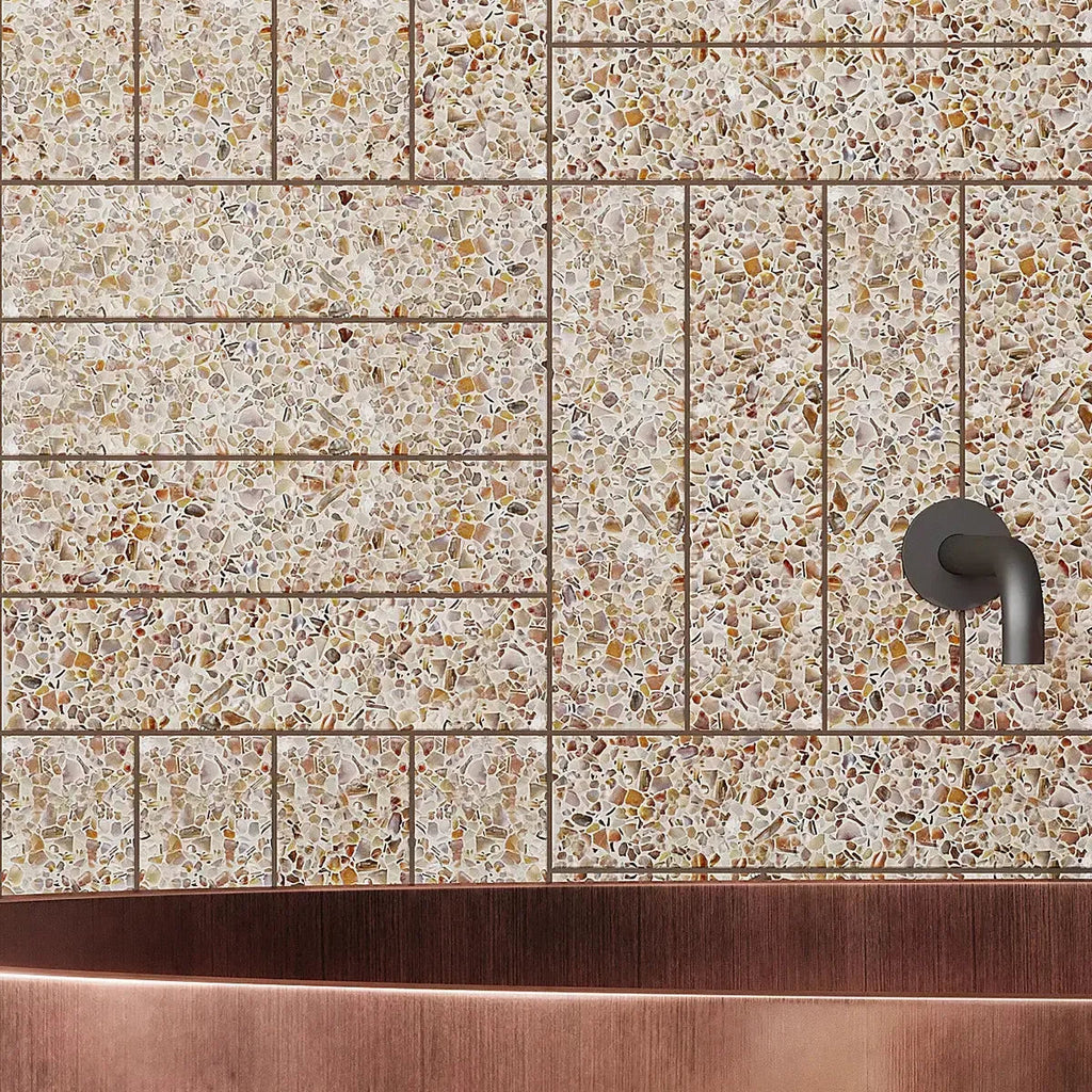 Corazza White Sand Shell and Terrazzo Subway Tile | Tile Club
