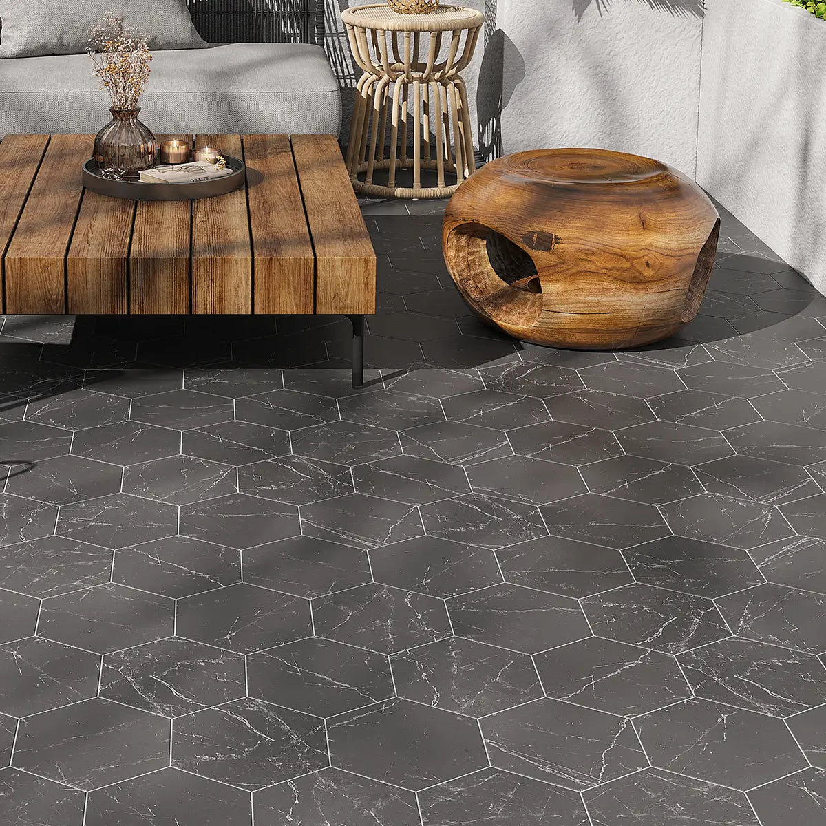 Cosmo Black Marbled Porcelain Hexagon Tile | Tile Club