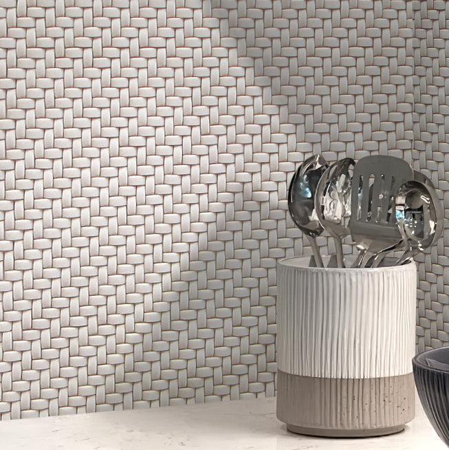 Cream Recycled Glass Basket Weave Mosaic Tile | Tile Club