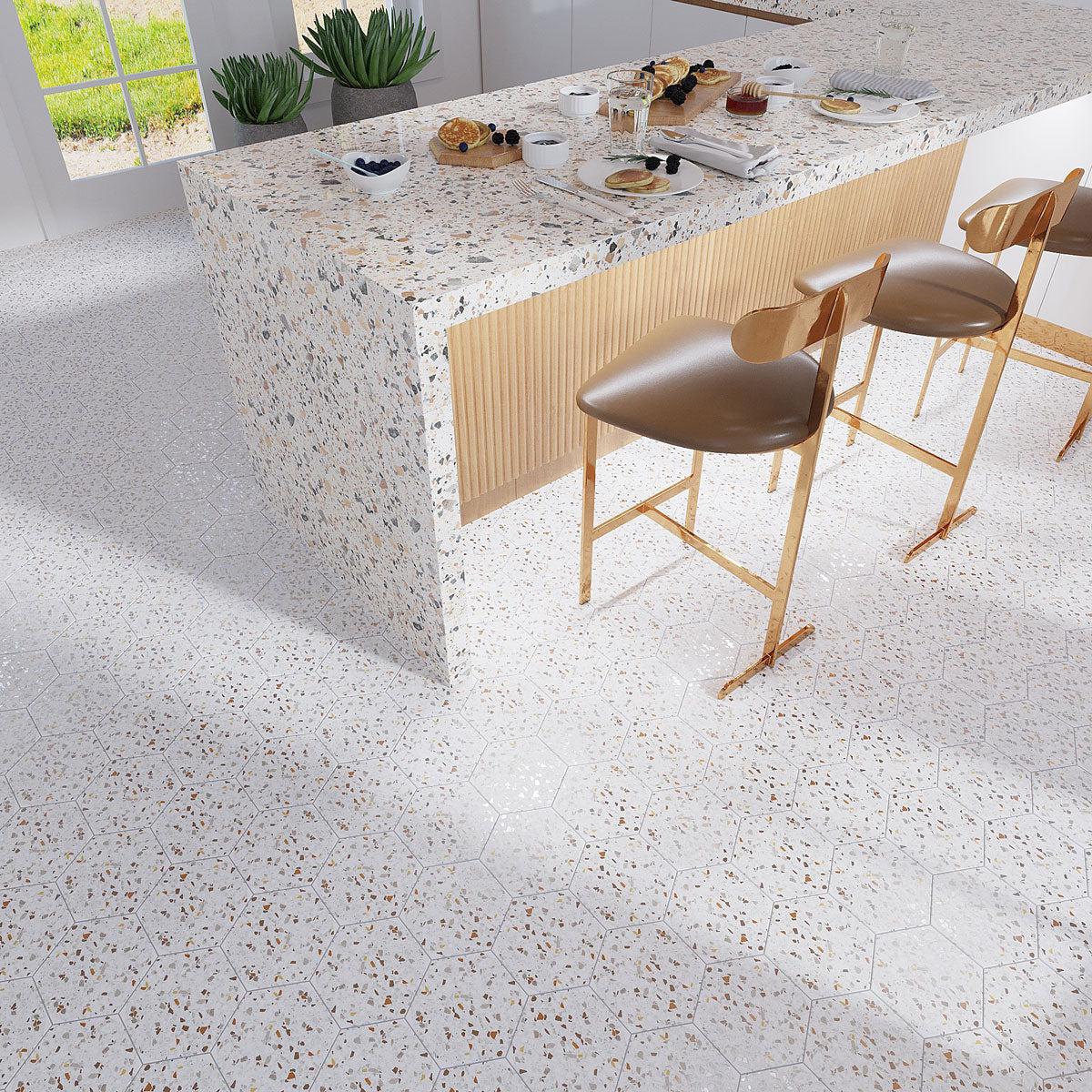Desert Sand Terrazzo Hex Porcelain Tile | Speckle Patterned Floors