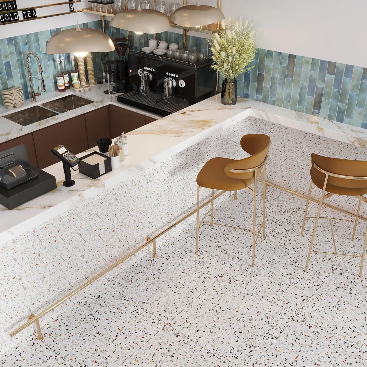 Desert Sand Terrazzo Square Porcelain Tile | Retro Patterned Wall and ...