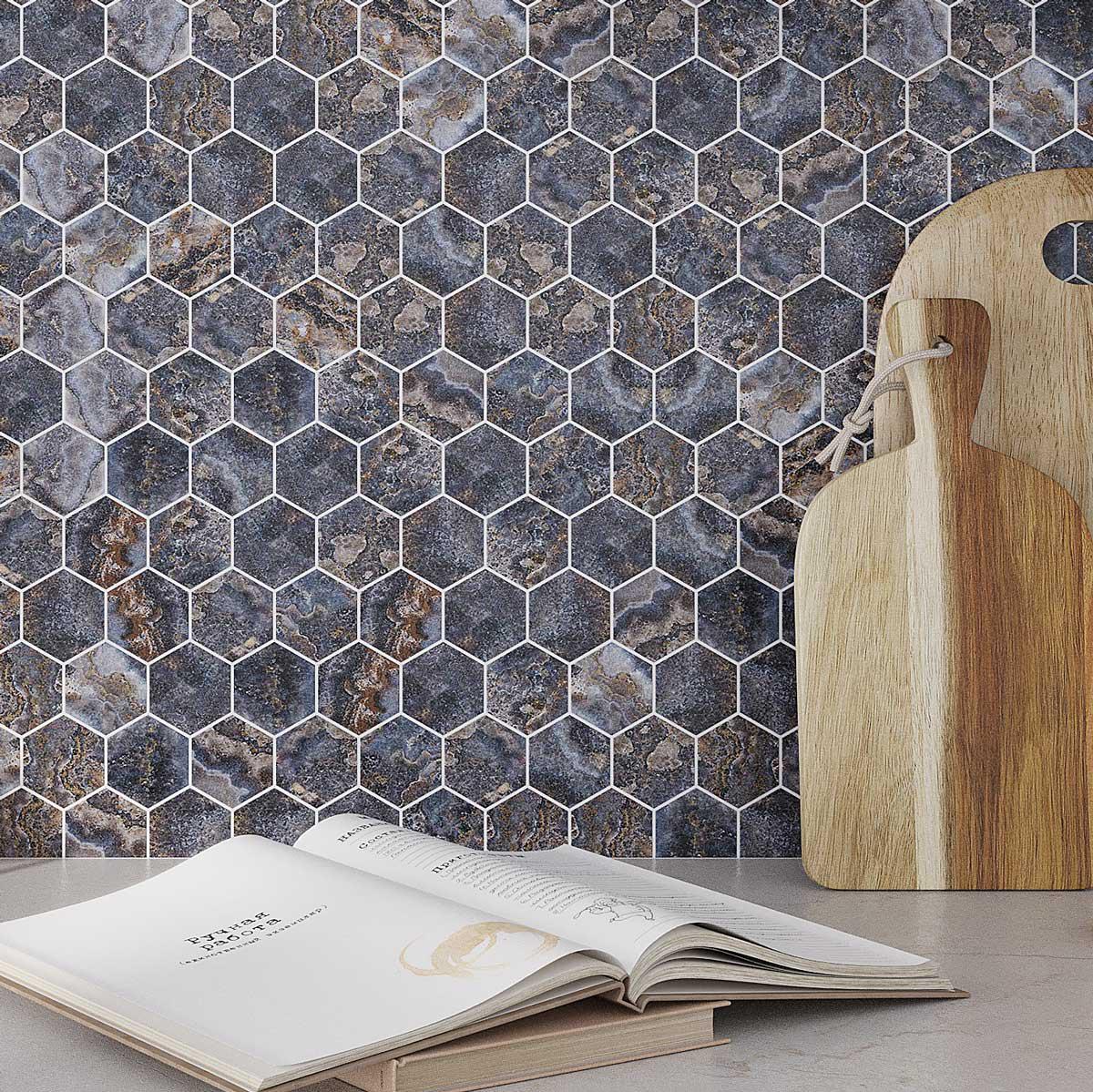 Emporio Baroque Blue Hex Porcelain Mosaic Tile Floors and Walls
