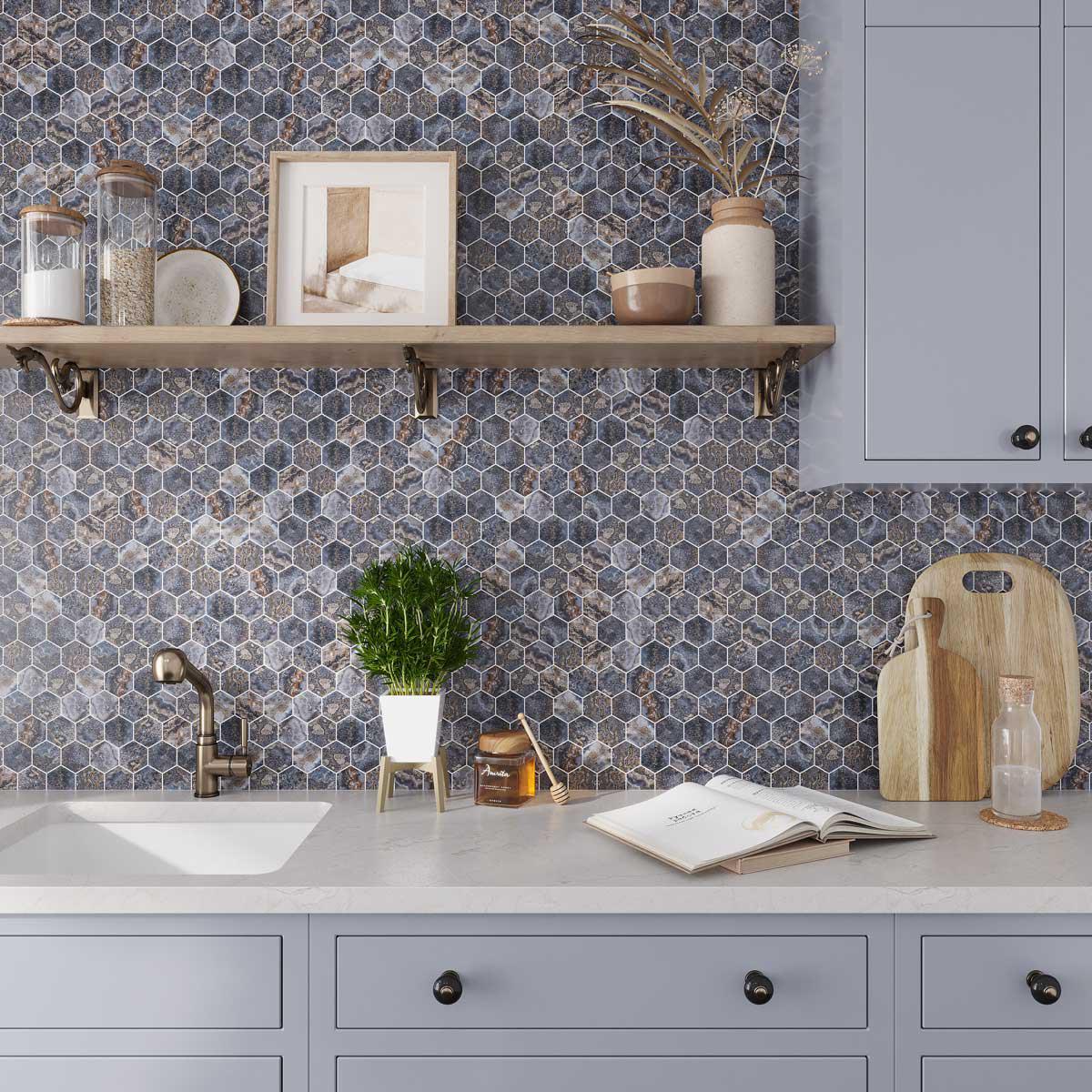 Emporio Baroque Blue Hex Porcelain Mosaic Tile Floors and Walls