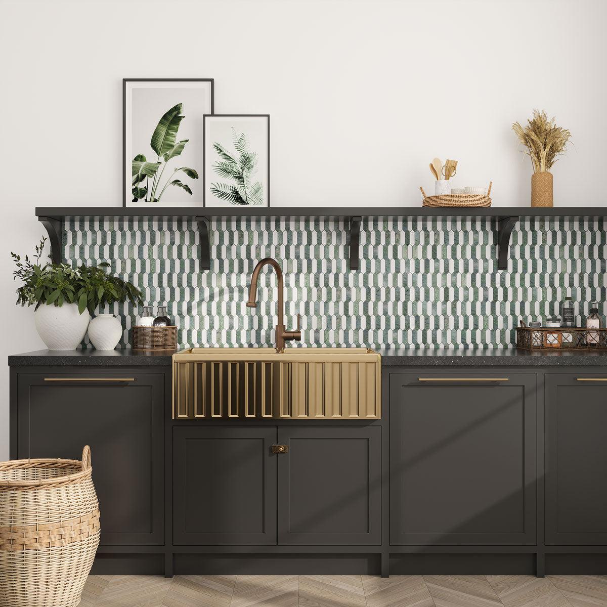 Envy Green and White Mini Picket Marble Mosaic Tile | Tile Club