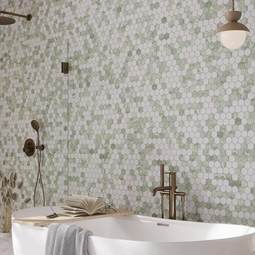 Envy Green & White Marble Hexagon Mosaic Tile Sample | Tile Club
