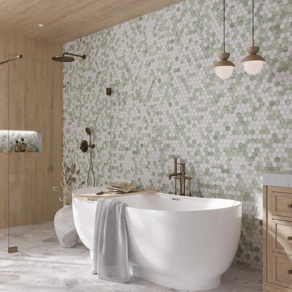 Envy Green & White Marble Hexagon Mosaic Tile Sample | Tile Club