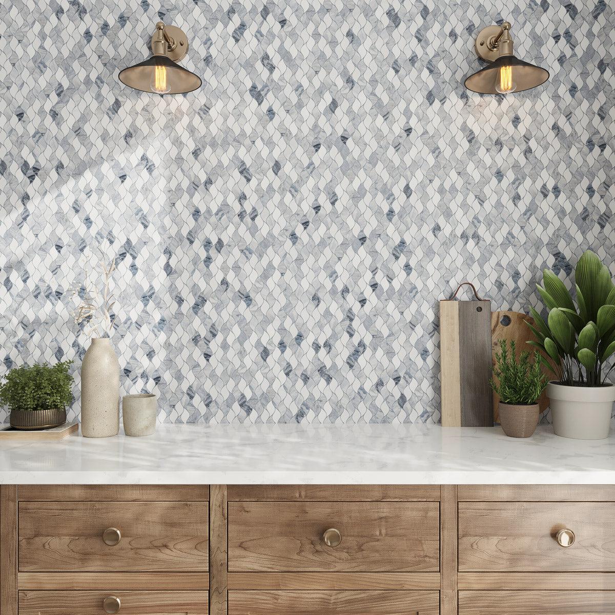 Falling Leaves Calacatta Bluette Marble Mosaic Tile | Naturally Colored ...