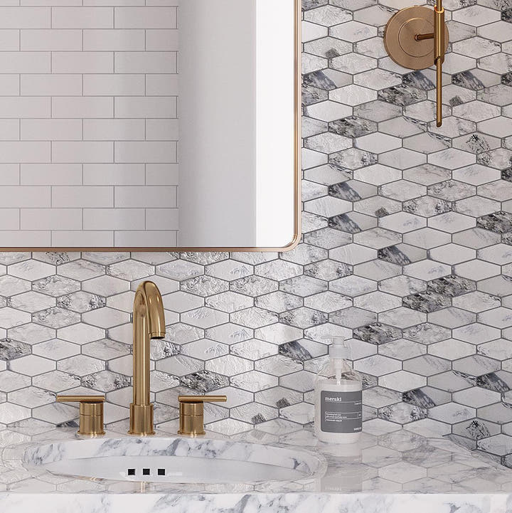 Frozen Dreams Elongated Hex Glass Mosaic Tile | Gray and White Backsplash