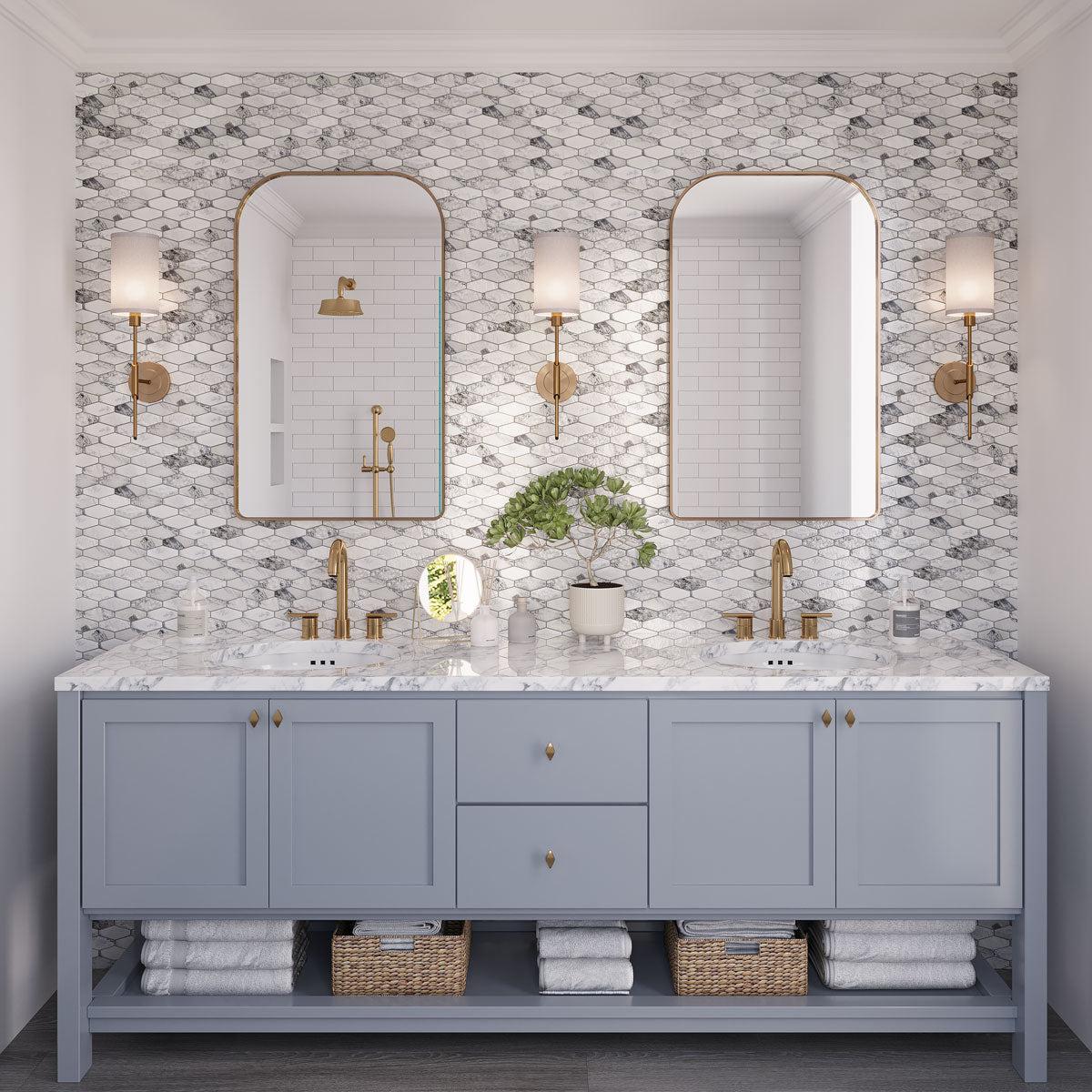 Frozen Dreams Elongated Hex Glass Mosaic Tile | Gray and White Backsplash