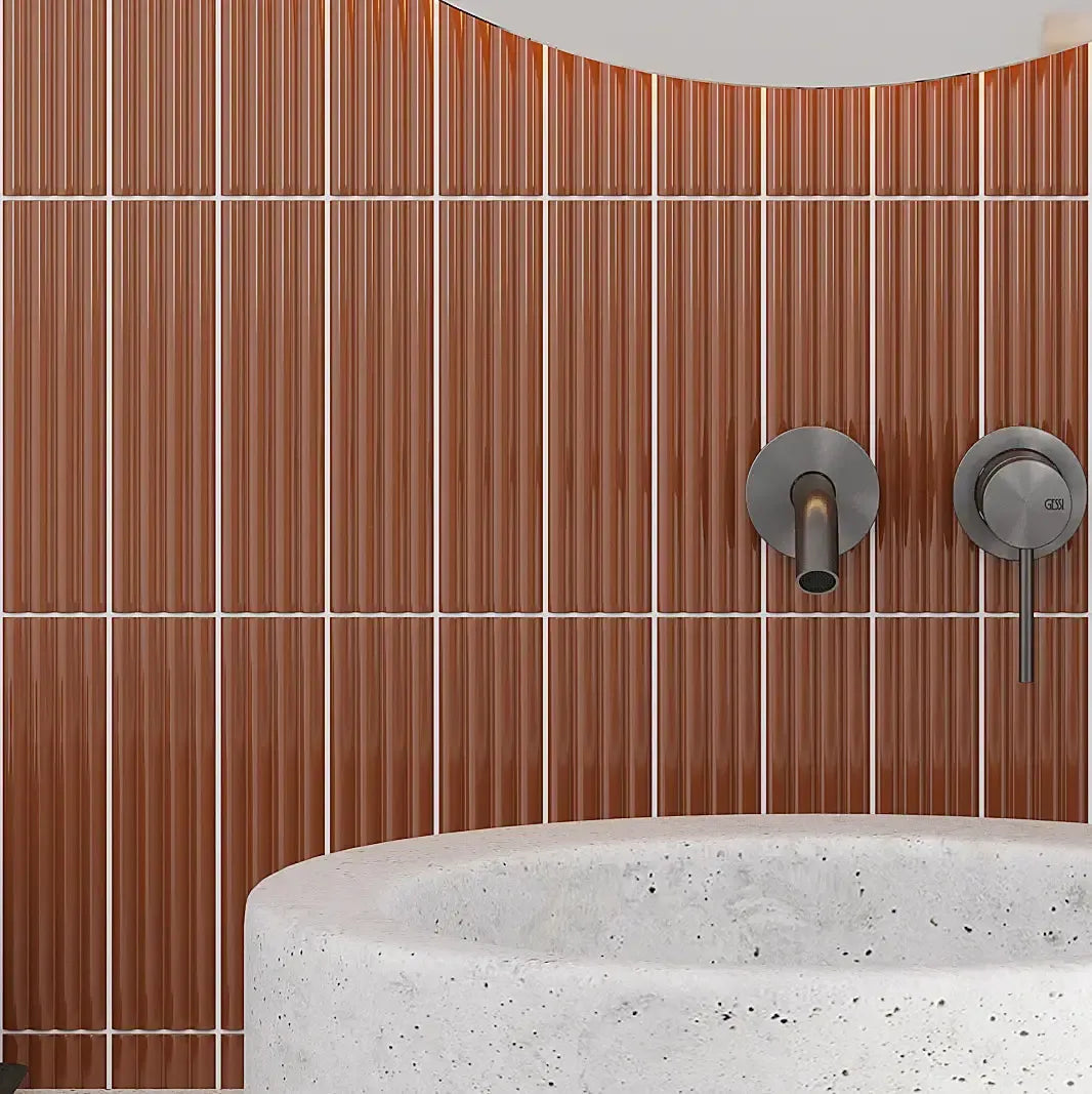 Groove Terra Cotta Deco Gloss Ceramic Subway Tile | Tile Club