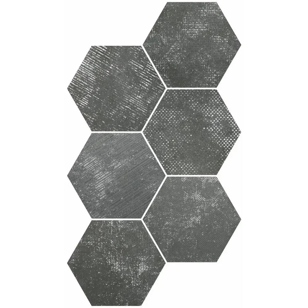 Ink Black Dimension Porcelain Hexagon Tile | Textured Floors, Walls