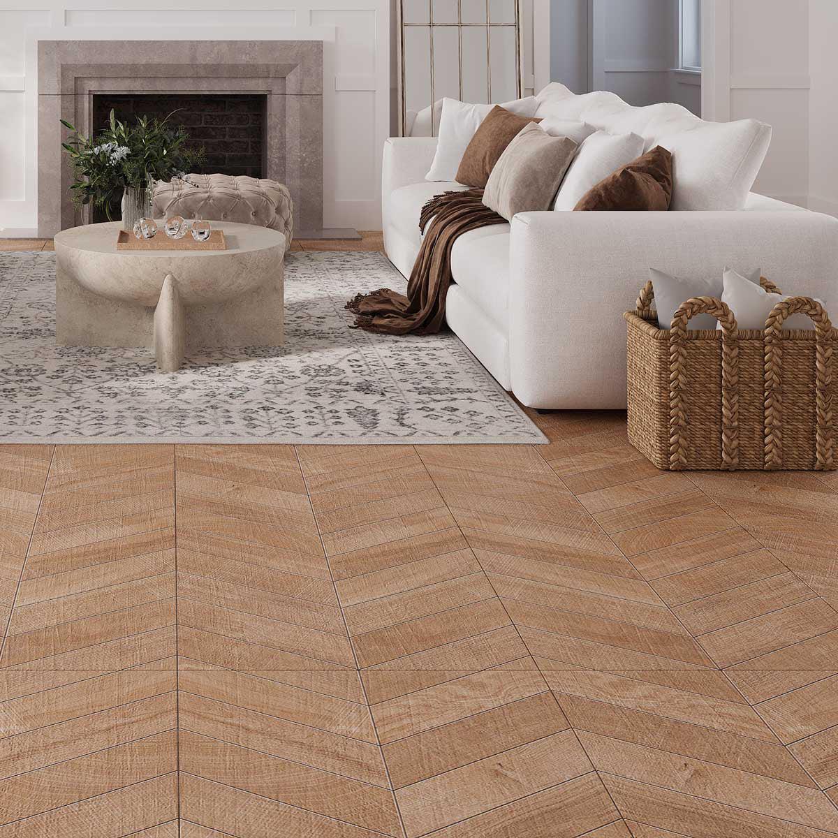 Japandi Chevron Natural Wood-Look Tile Flooring | Large Format Porcelain Tile