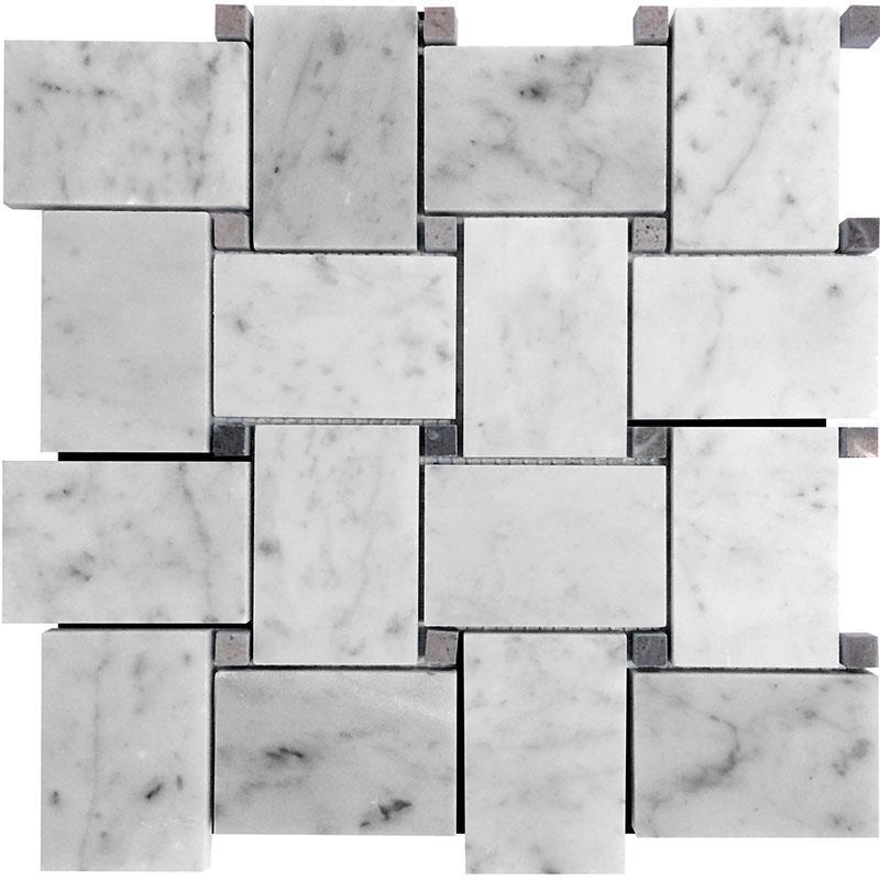 Large Basket Weave Carrara & Beige Dot Polished Marble Tile | Tile Club