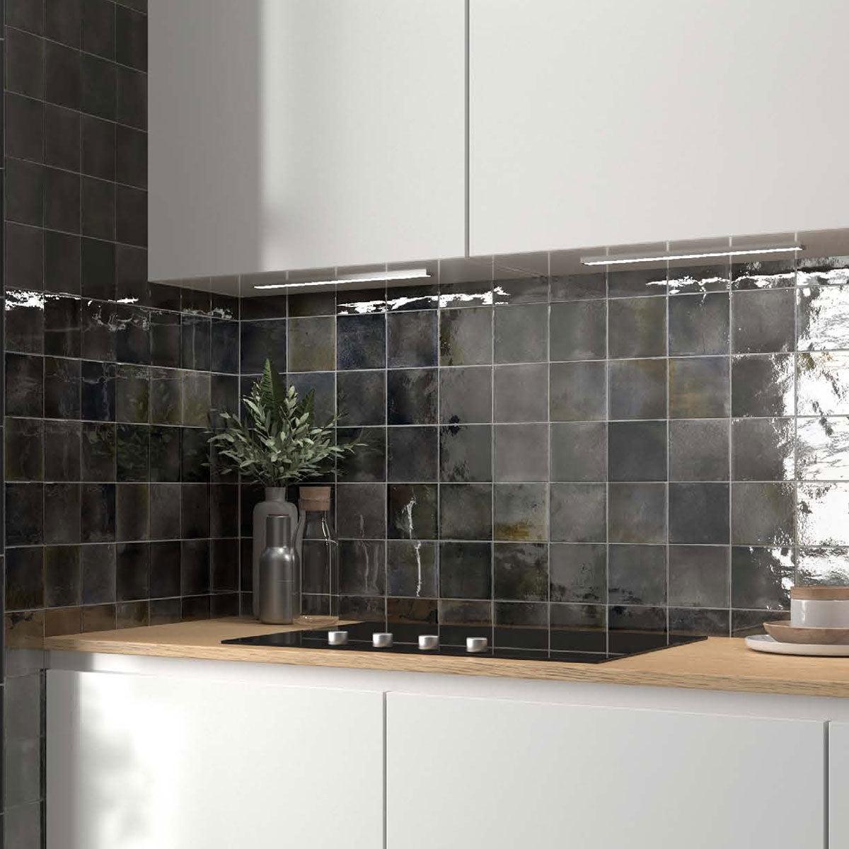 Luna Black 4x4 Ceramic Square Tile Backsplash and Shower