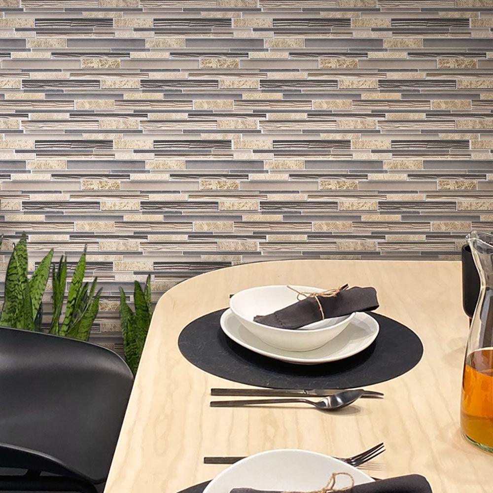 Matchstix Emperador Light Marble And Glass Mosaic Tile | Stacked Wall ...