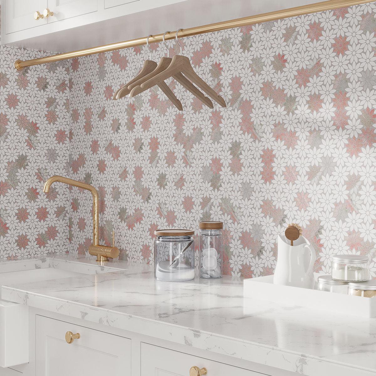 Meadow Norwegian Rose Flower Marble Mosaic Tile | Flower Wall and Floor ...