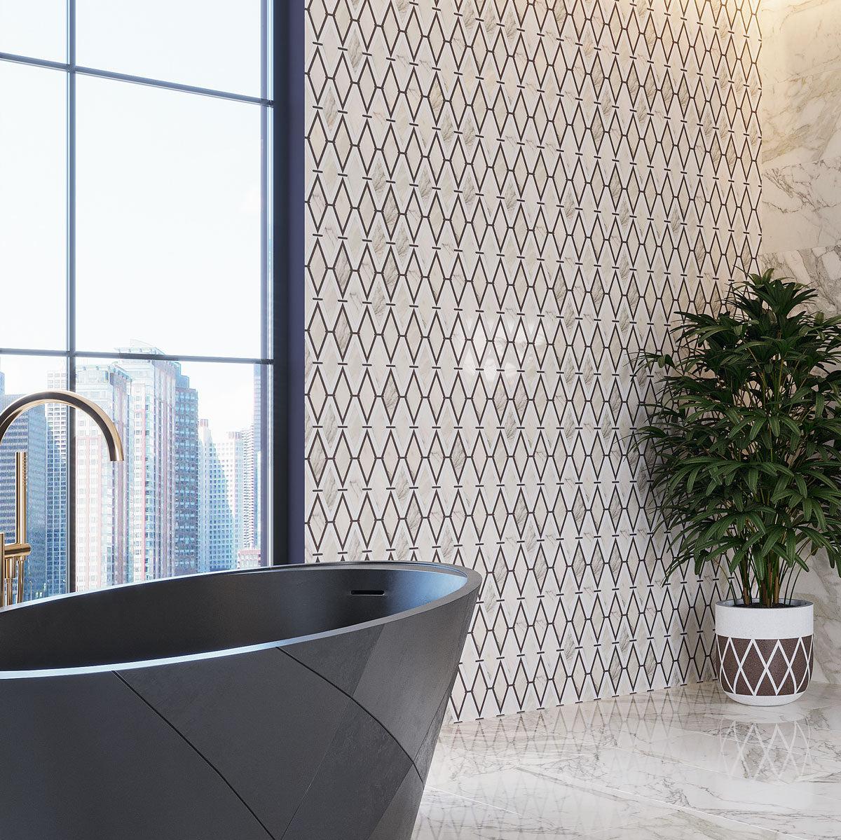 Medieval Diamonds Calacatta Gold & Lagos Azul Mosaic Tile