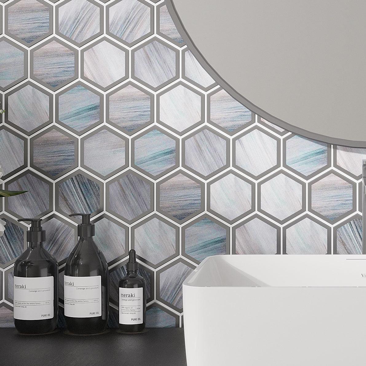 Topaz Marbled Glass Hexagon Mosaic Tile | Tile Club