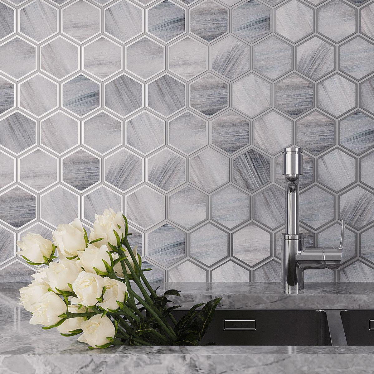 Moonstone Marbled Glass Hexagon Mosaic Tile | Tile Club