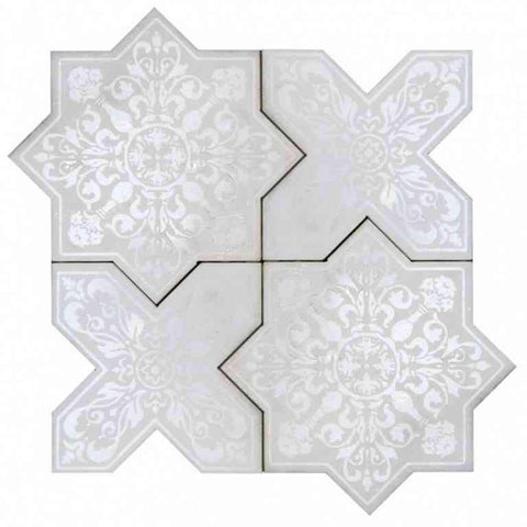 Moroccan Star & Cross White Etched Marble Mosaic Tile | Tile Club