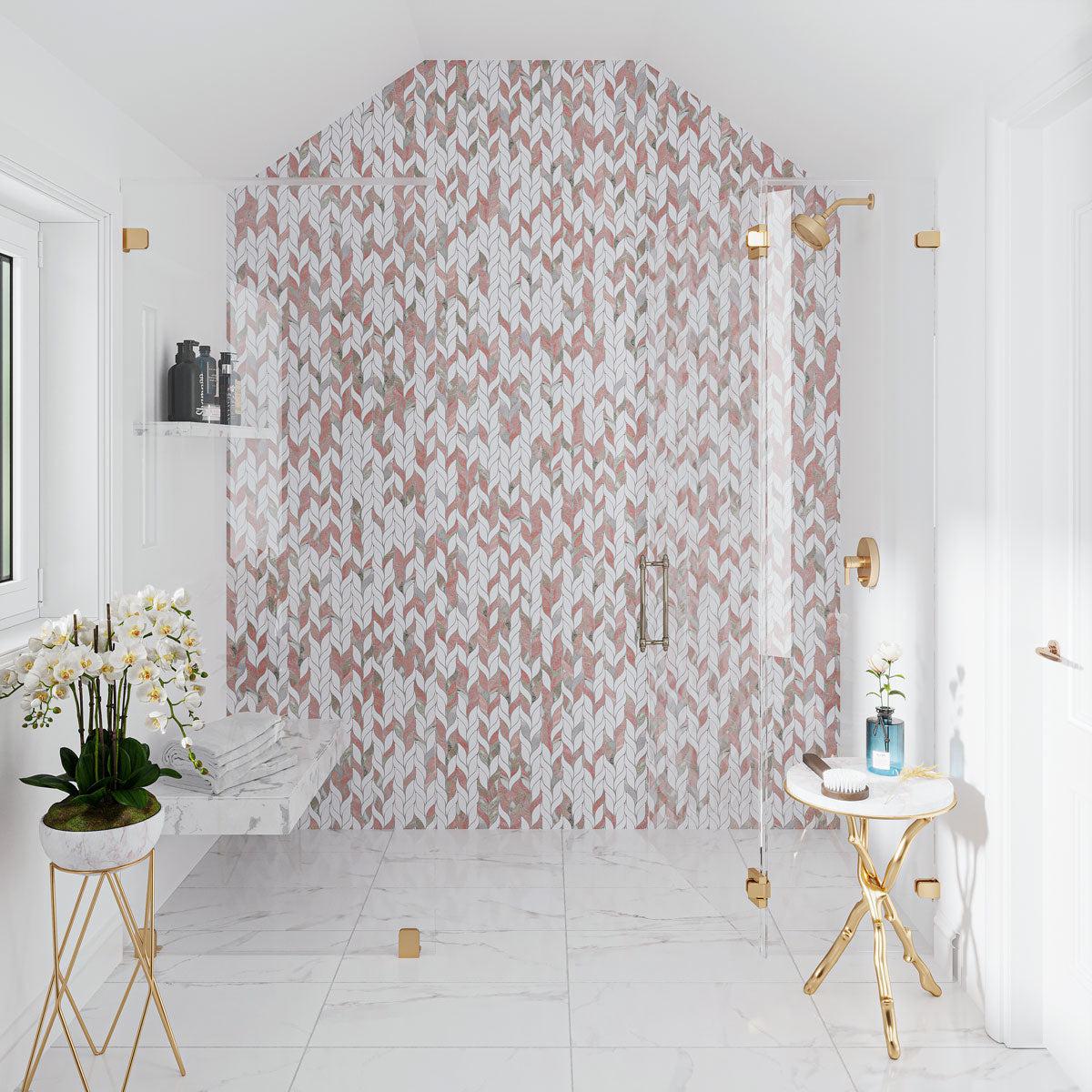Norwegian Rose Pink & White Leaf Marble Tile | Floor and Wall Décor