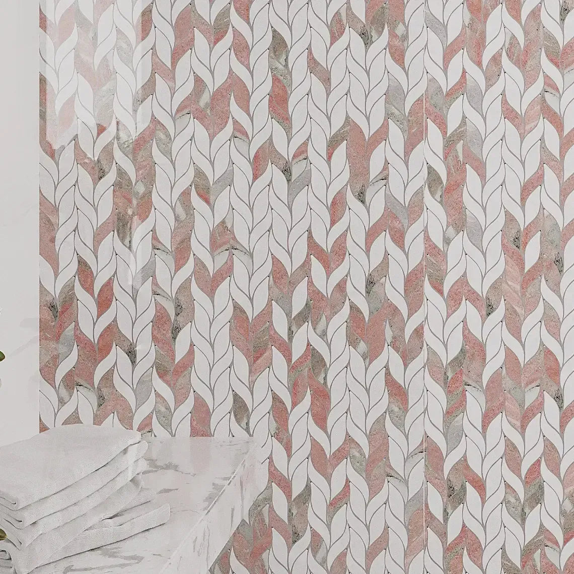 Norwegian Rose Pink and White Leaf Marble Mosaic Tile | Pink Natural Stone