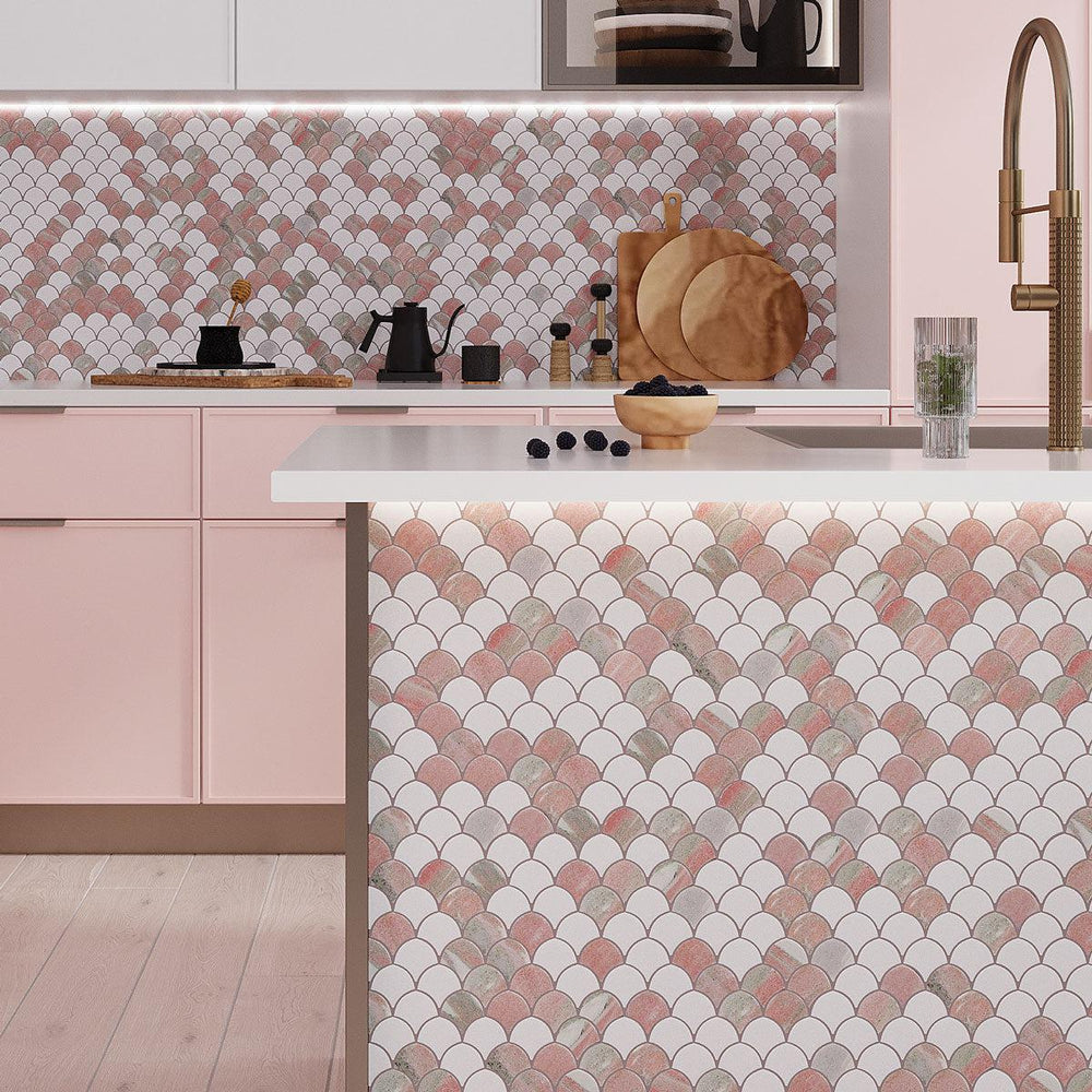 Norwegian Rose and Thassos Mini Scale Marble Mosaic Tile | Pink Natural ...