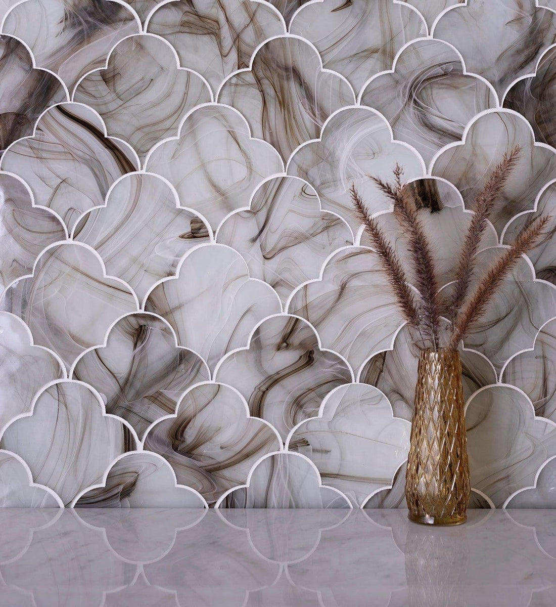Sea Glass Cloud Amber Mosaic Tile | Swirled Artisan Glass