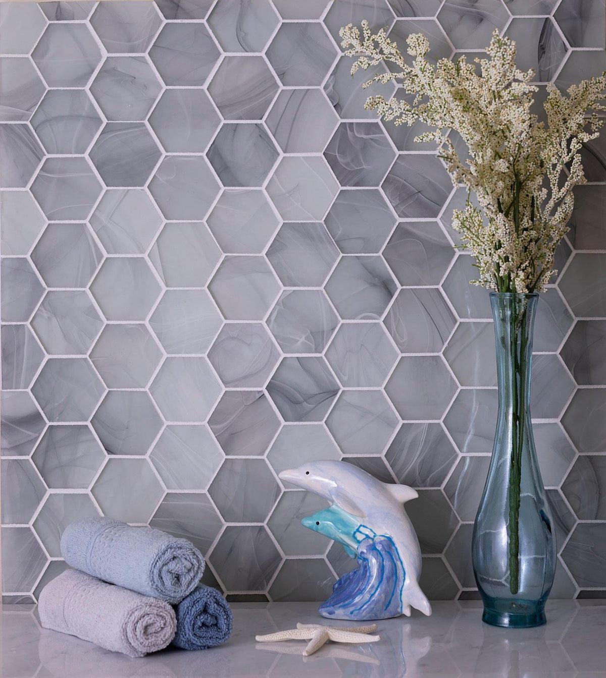 Sea Glass Hexagon Grey Mosaic Tile | Swirled Artisan Glass