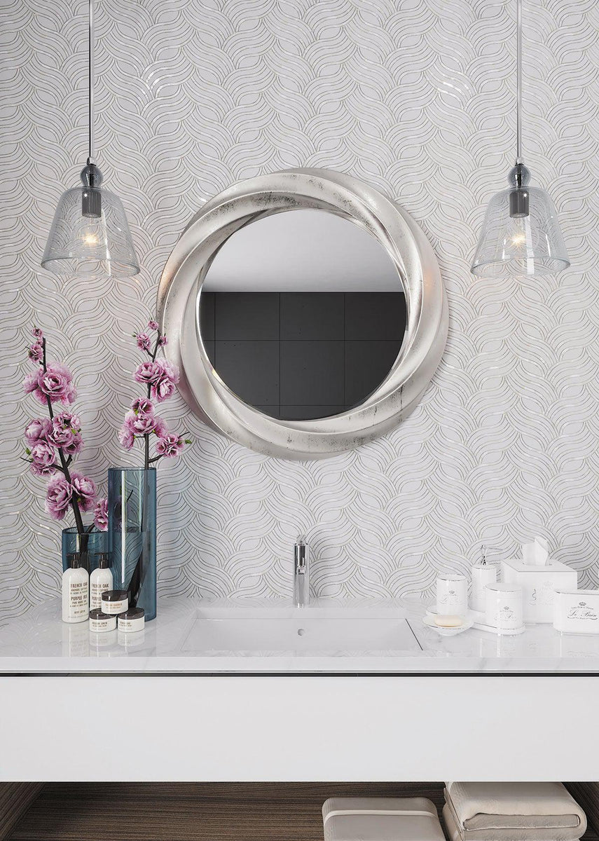 Ocean Waves Shell and White Marble Mosaic Tile | Tile Club