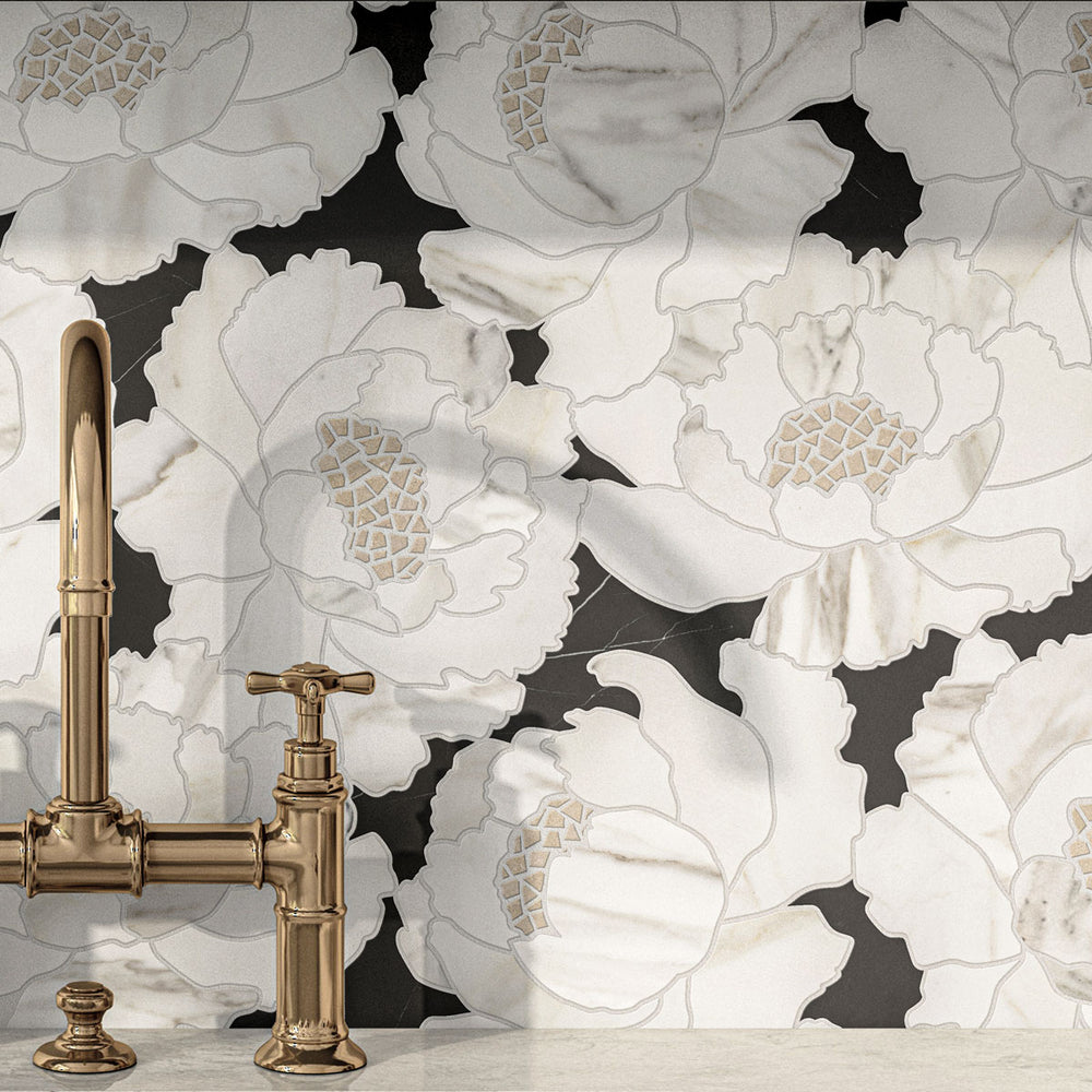 Peonia Flower Black and White Marble Waterjet Mosaic Tile | Tile Club