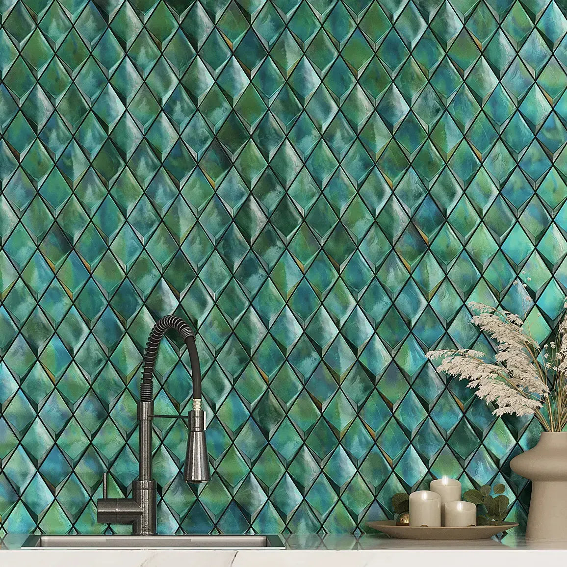 Prism Jade Beveled Diamond Cast Glass Mosaic Tile | Tile Club