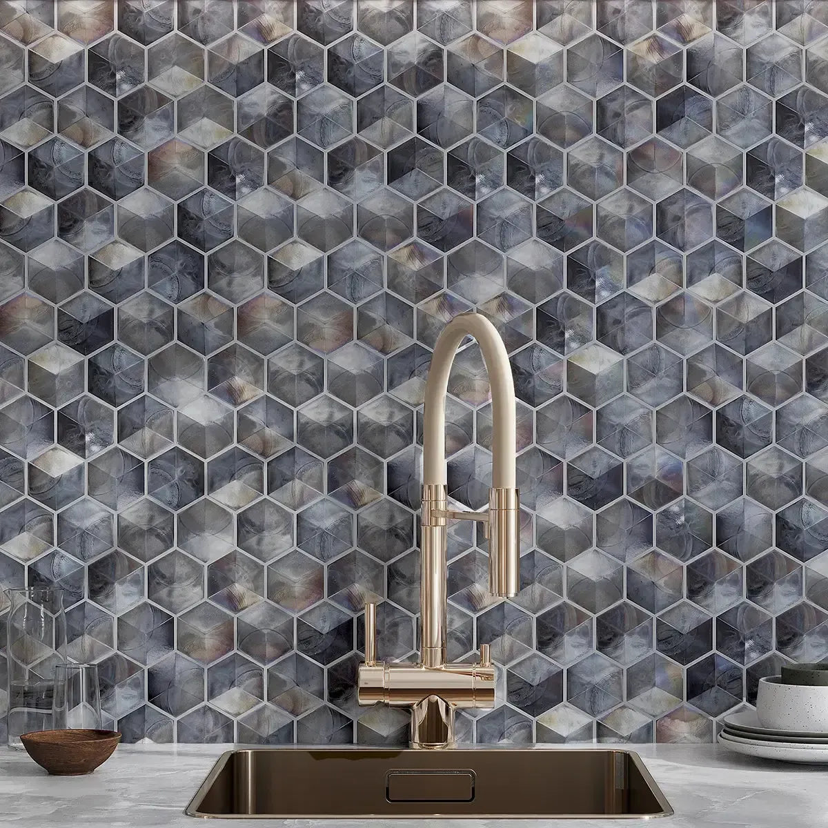 Prism Storm Beveled Hexagon Cast Glass Mosaic Tile | Tile Club