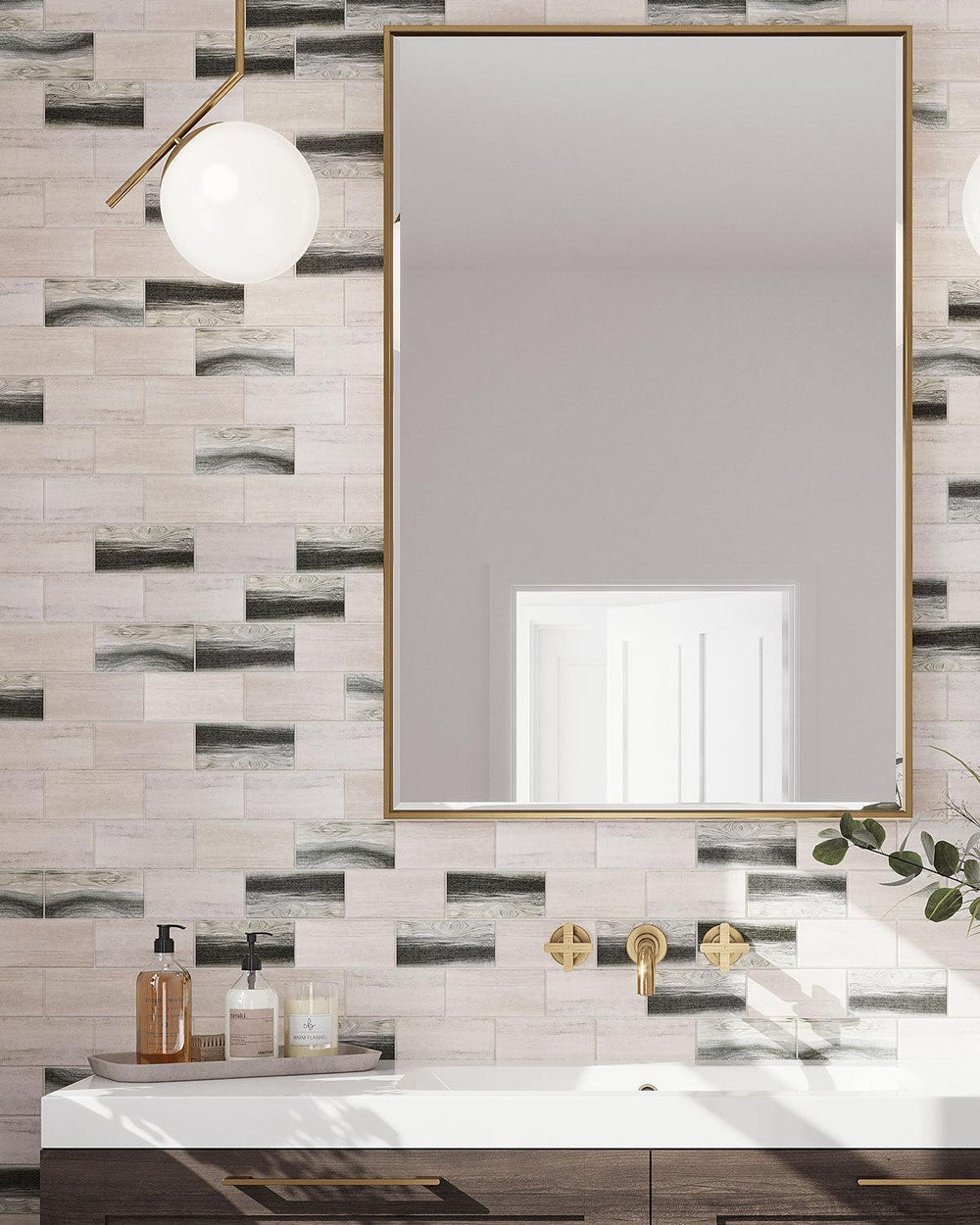 Recycled Glass Subway Mosaic Tile In Gray Wood Color | Sustainable Home