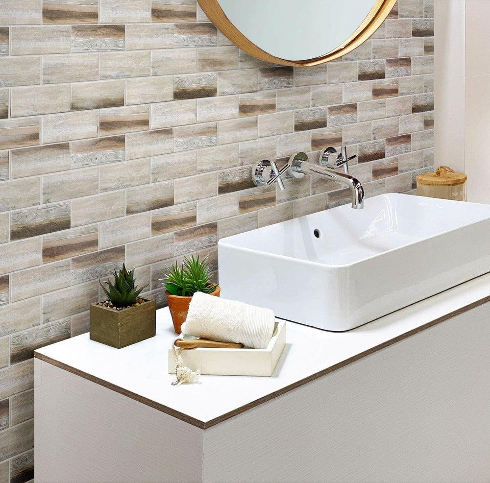 Recycled Glass Subway Mosaic Tile In Wood Color | Sustainable Home