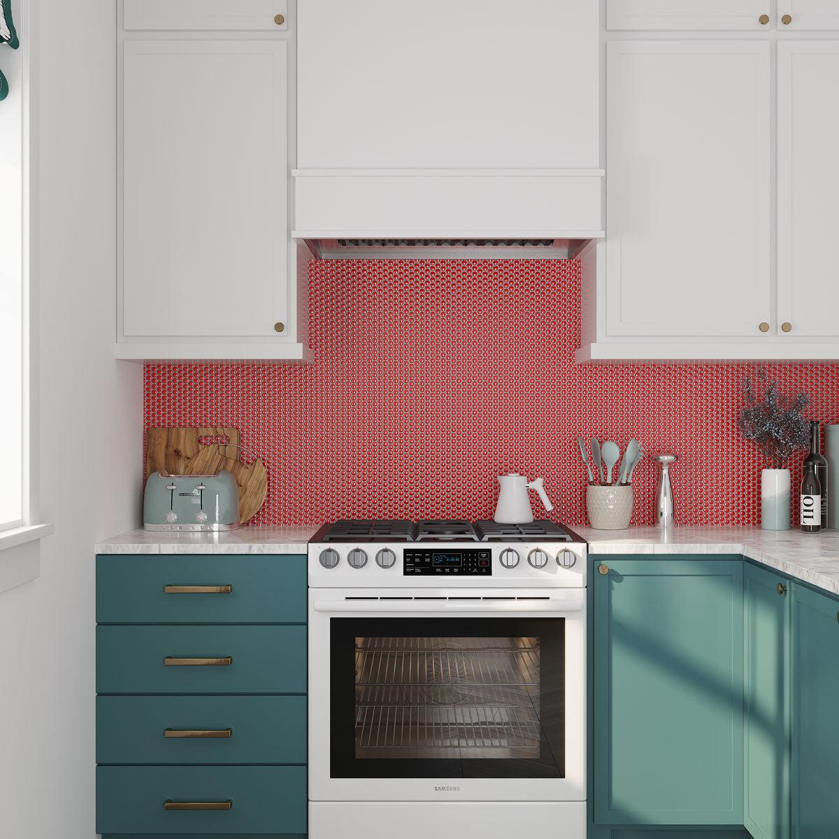 Red Buttons Porcelain Penny Round Tile | Colorful Backsplash, Pool