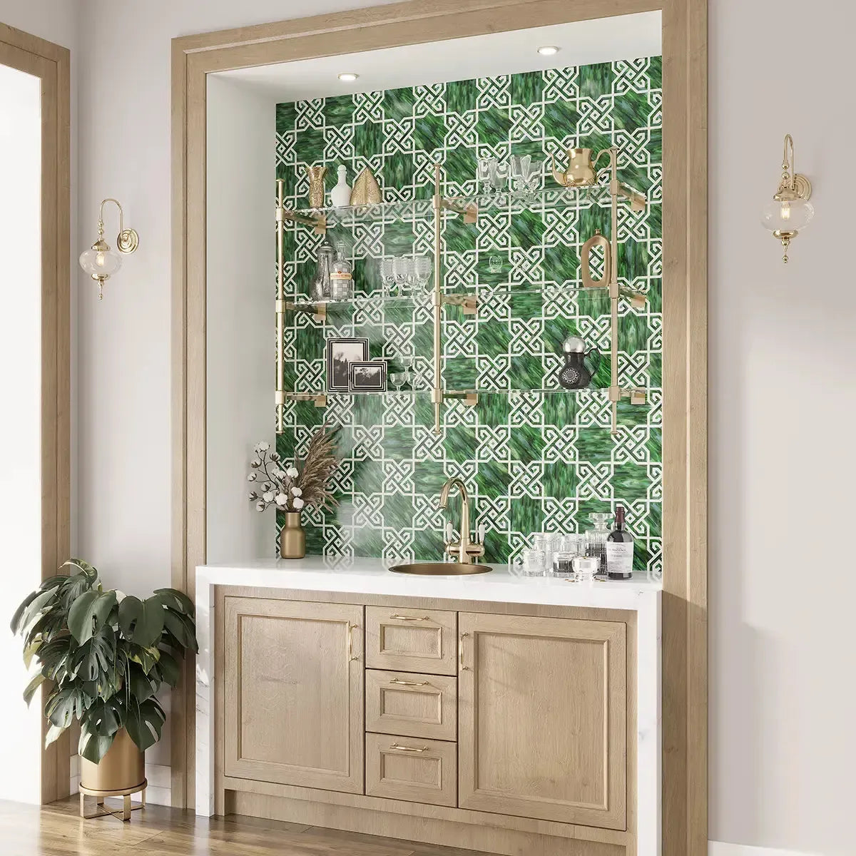Salma Emerald Stained Glass and Dolomite Star and Cross Mosaic | Tile Club