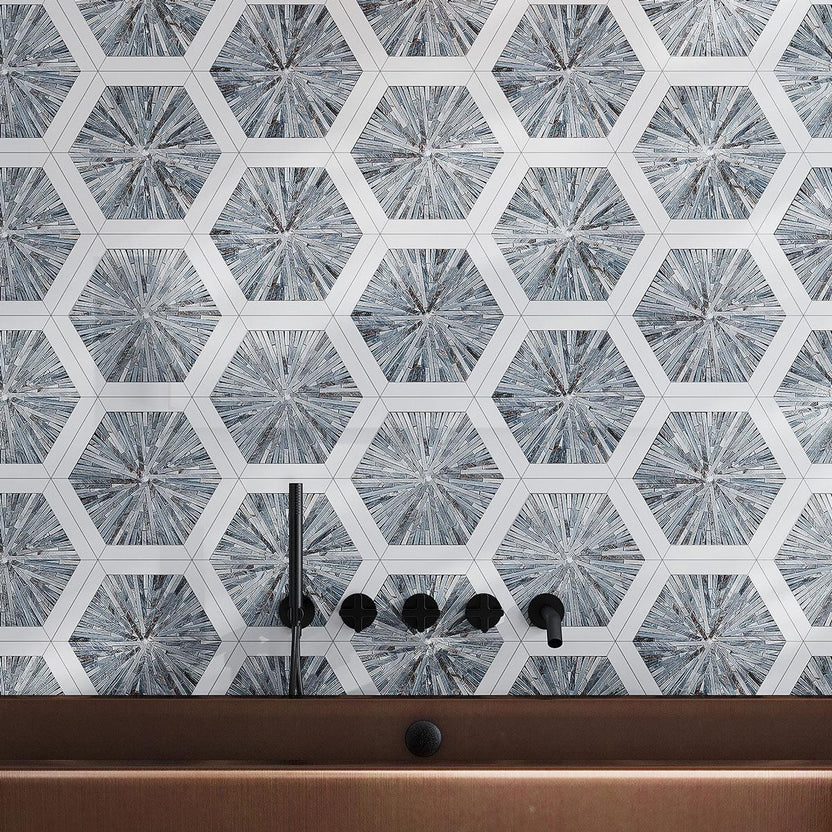 Santorini Blue Spoke Hexagon Marble Mosaic Tile | Tile Club