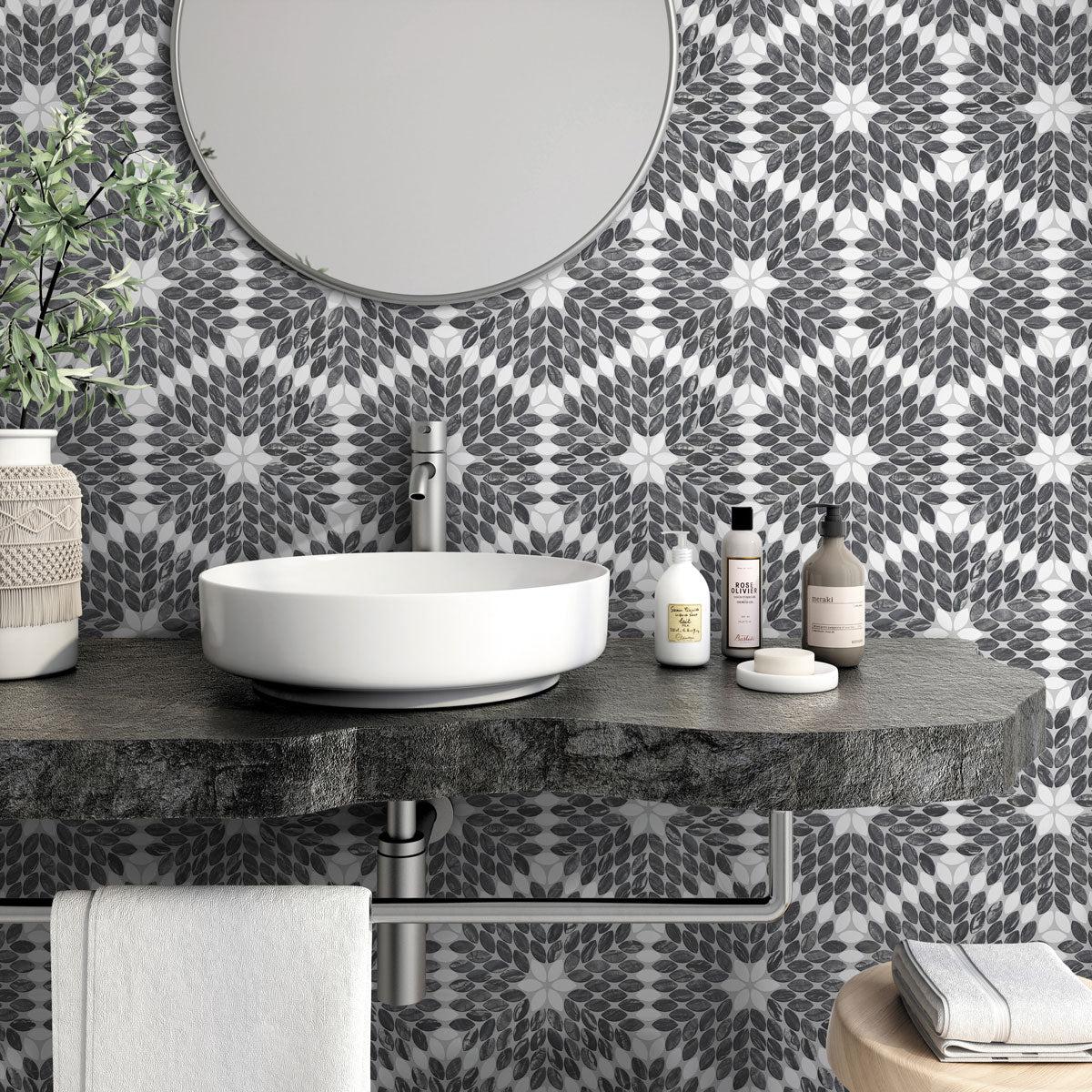 Santorini Black & White Petals Marble Mosaic Tile | Tile Club