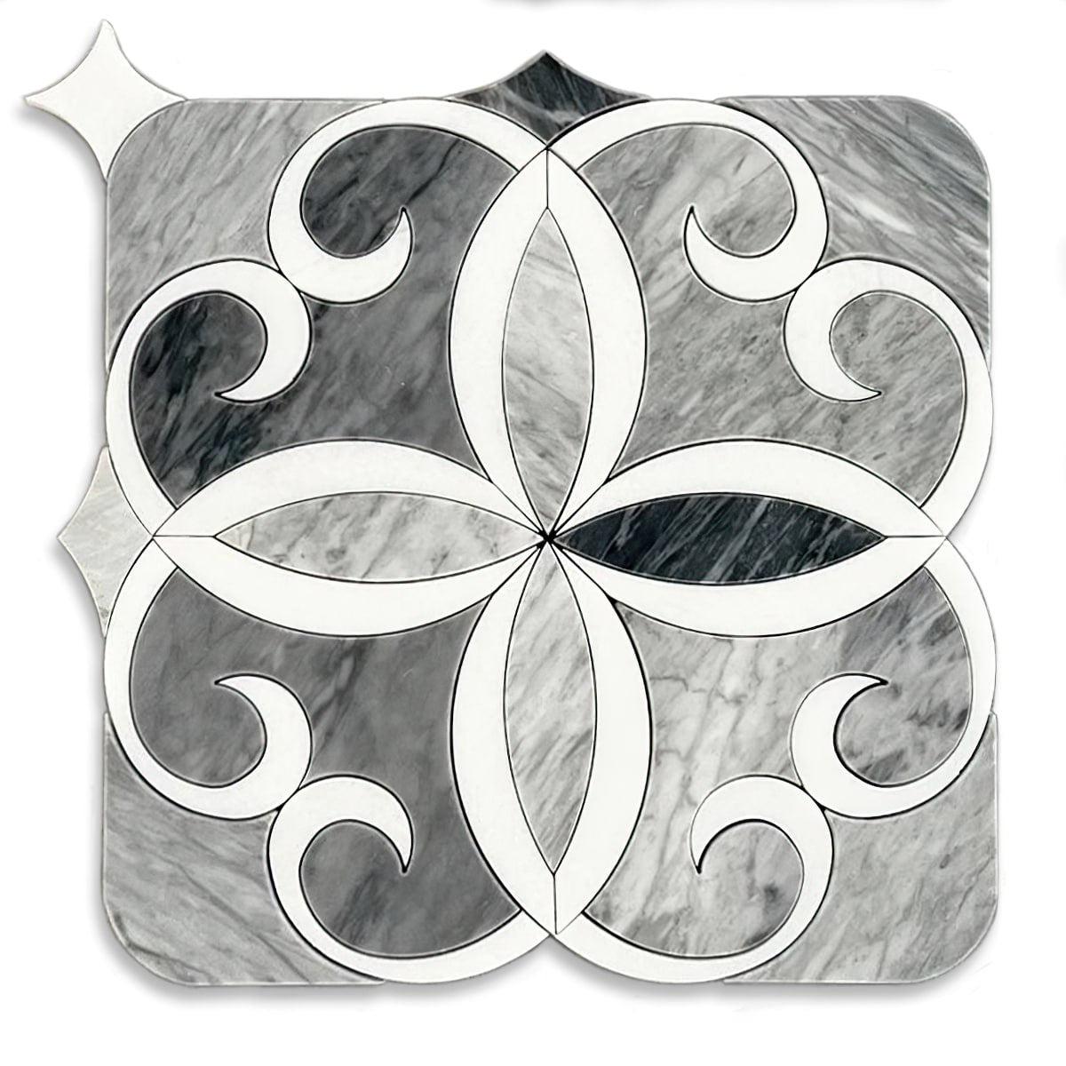 Scroll Calacatta Bluette and Thassos Marble Mosaic Tile | Elegant Floors, Walls