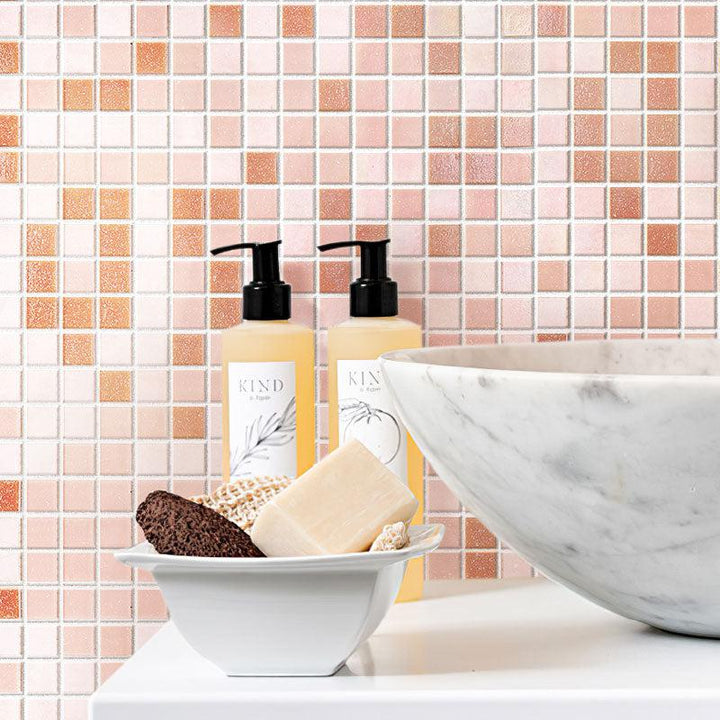 Soft Rose Mixed Squares Glass Tile | Pastel Backsplash, Wall Tiles