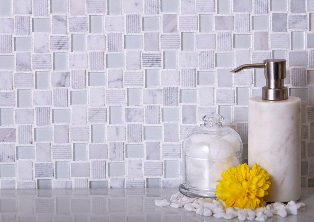 Textured Mini Brick Carrara And Glass Mosaic Tile | Tile Club